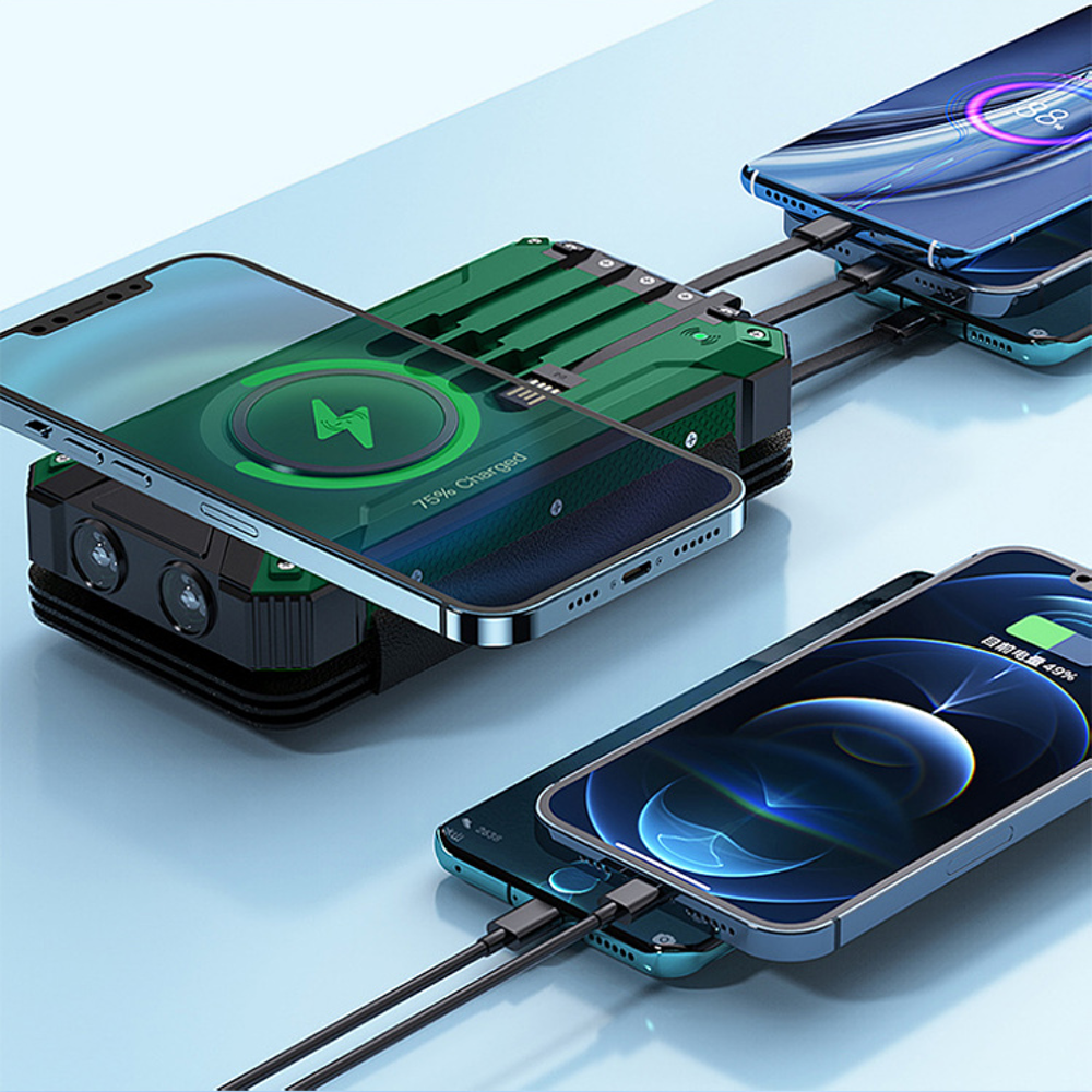 4 Solar Panel Power Bank Pro 20,000mAh with 4 Built in Cables Qi Wirel ...