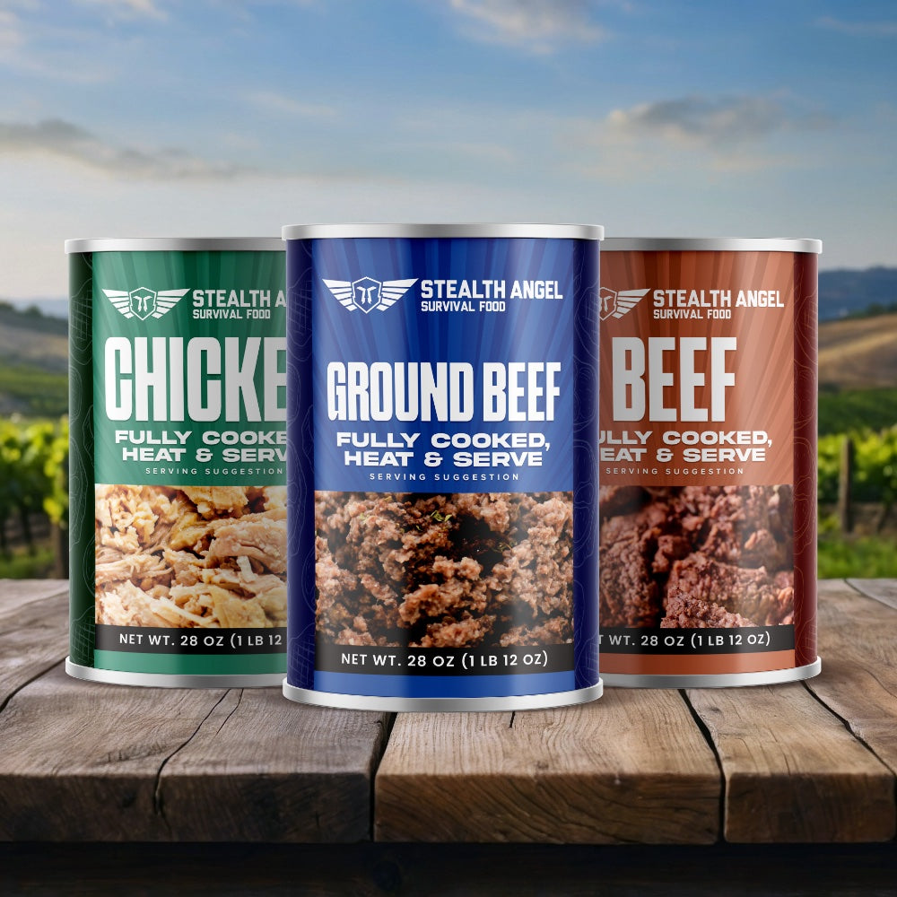 Emergency Survival Food Mixed Case - Canned Beef, Chicken, Ground Beef - Stealth Angel Survival