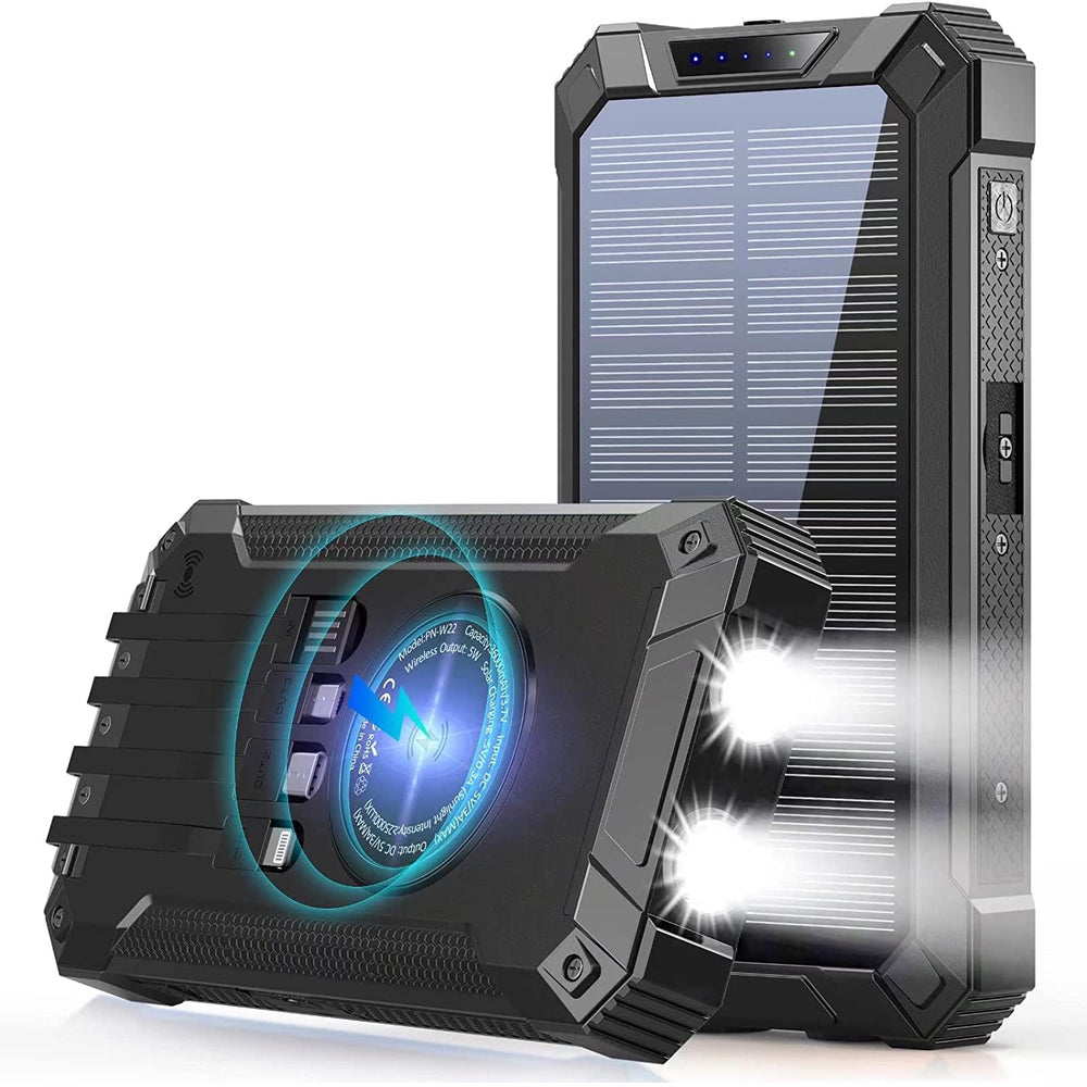 Solar Power Bank Pro 20,000mAh with 4 Built in Cables Qi Wireless Char ...