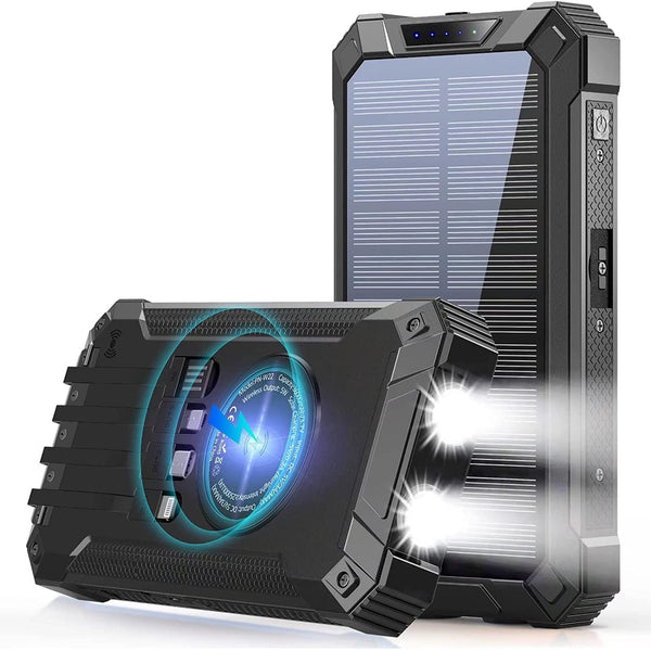 Solar Power Bank Pro 20,000mAh with 4 Built in Cables Qi Wireless Char ...