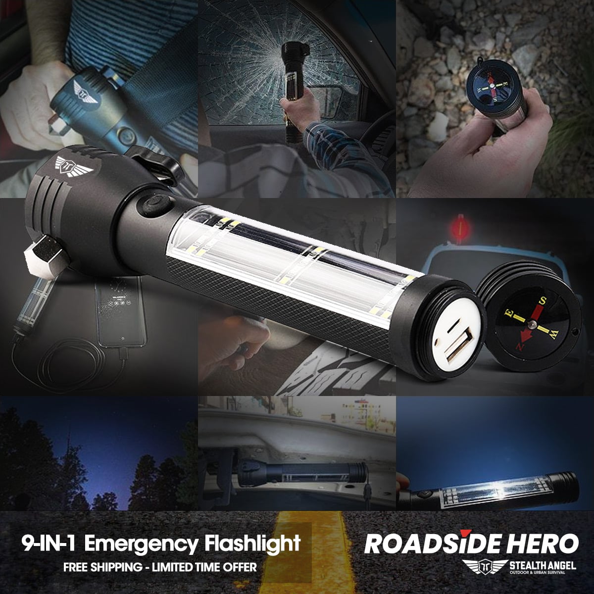 Roadside HERO ™ 9-IN-1 Multi-Function Flashlight / Survival Tool / Pow ...