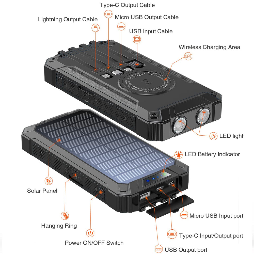Solar Power Bank Pro 20,000mAh with 4 Built in Cables Qi Wireless Char ...